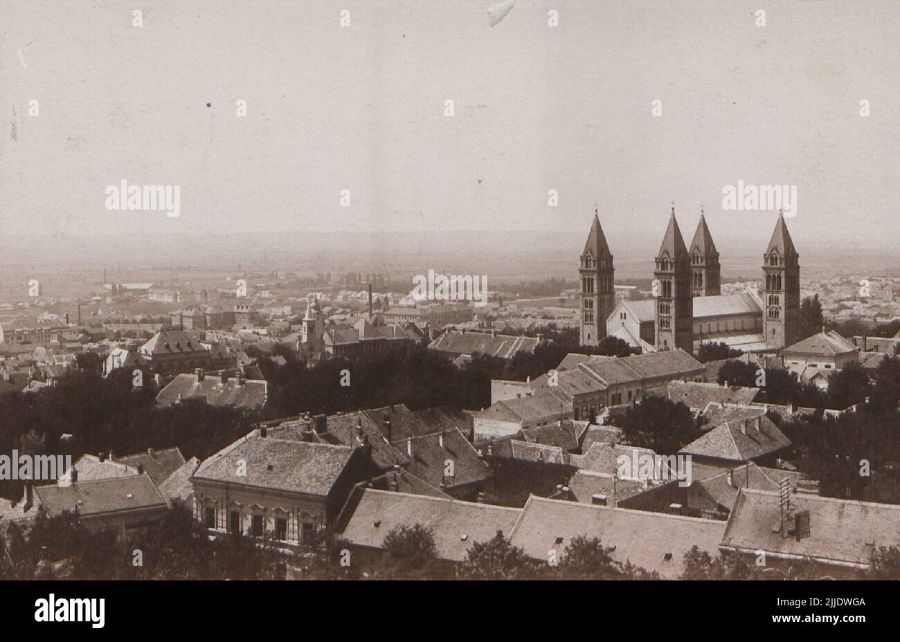 Pécs downtown vision with the cathedral. Panorama to the city centre of ...