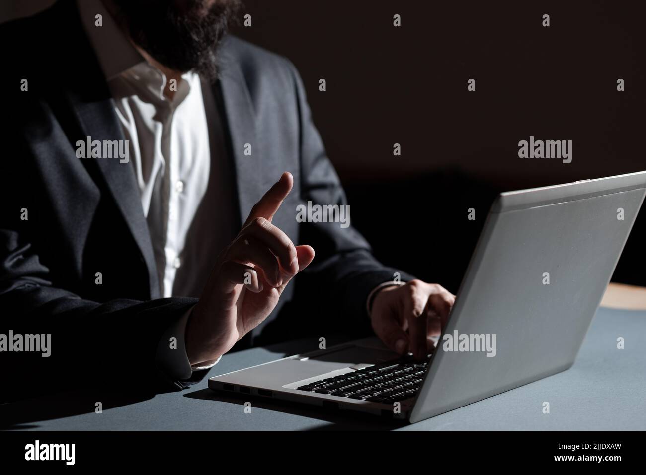 Man Typing Important Data Into Laptop And Pointing New Idea With One ...