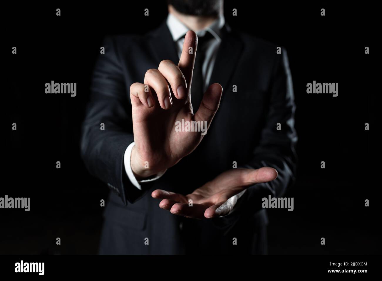 Man Pointing Ideas With One Finger And Presenting News With Other Hand ...