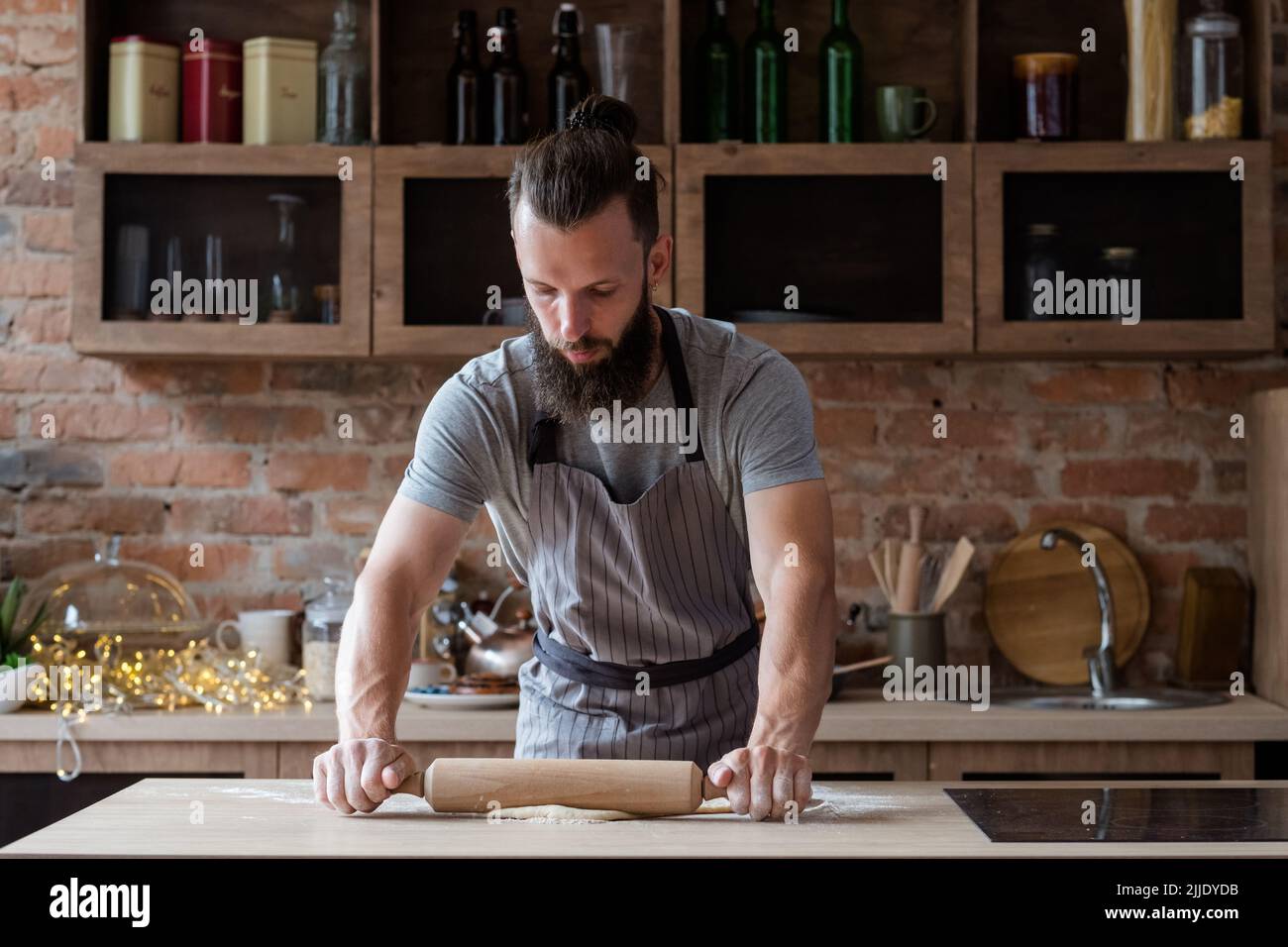 food cook chef bread pastry man rolling dough pin Stock Photo - Alamy