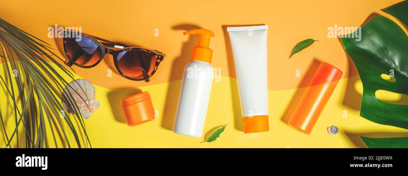 Set of accessories for sun protection on the beach in summer and on ...