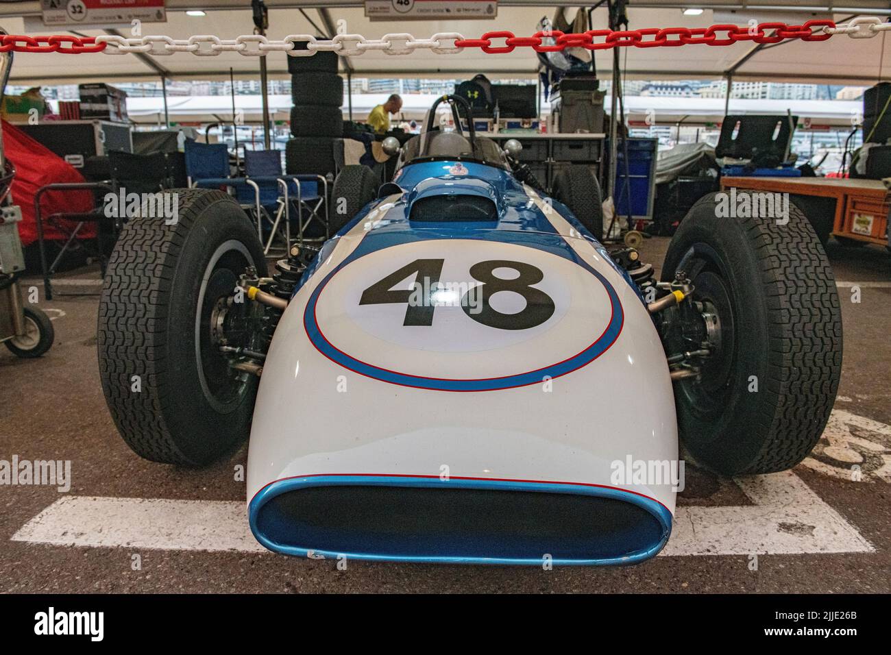 A Scarab F1 Offenhauser single seater car in the pits of the historic ...