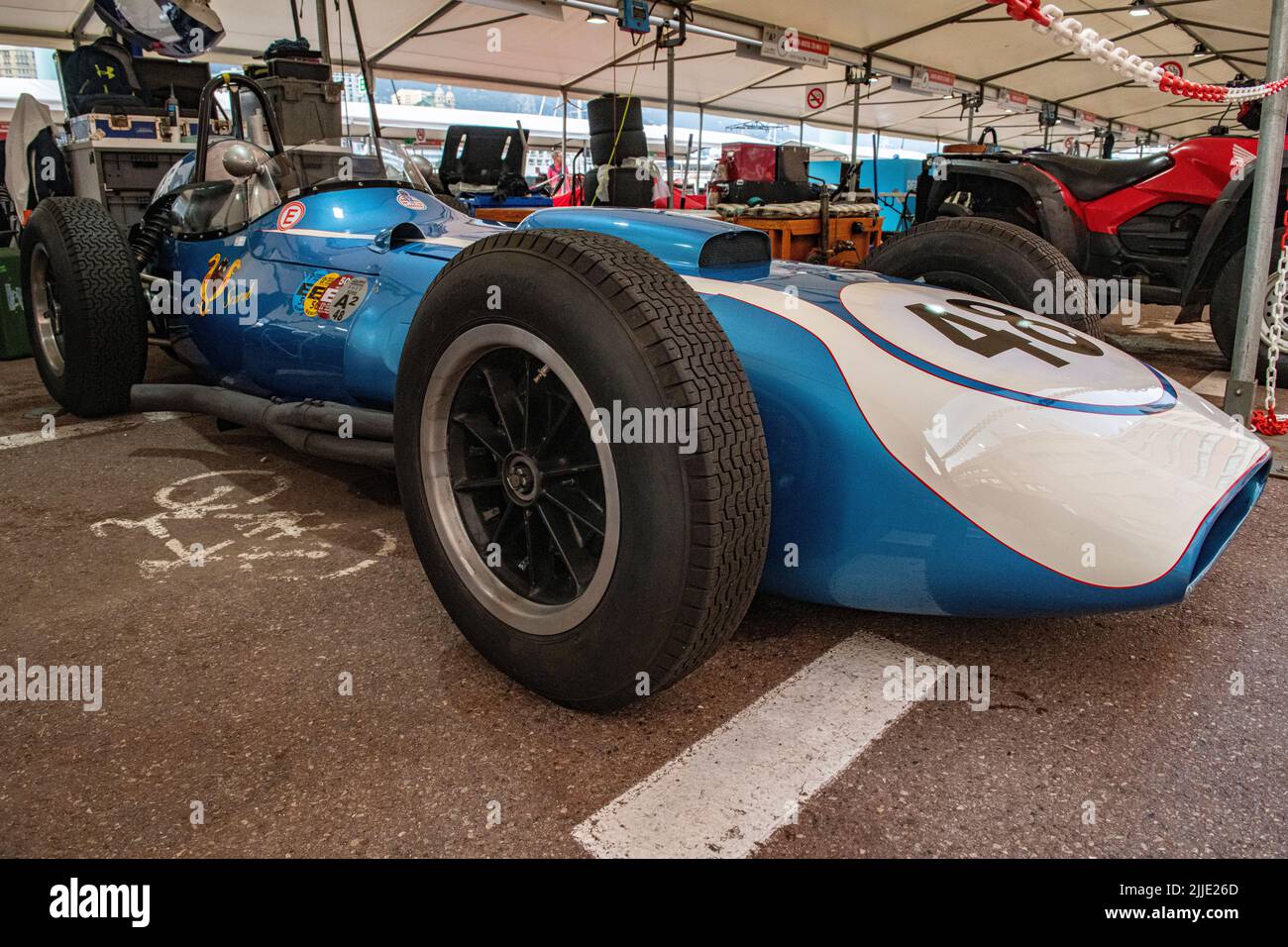 A Scarab F1 Offenhauser single seater car in the pits of the historic ...