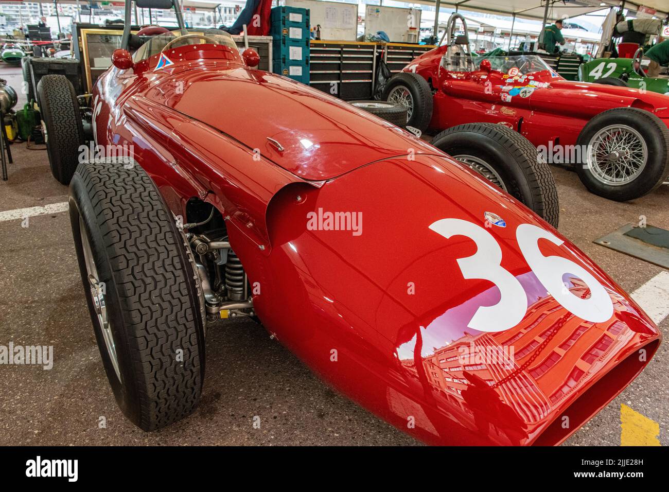 A Maserati single seater car in the pits of the historic Grand Prix in ...