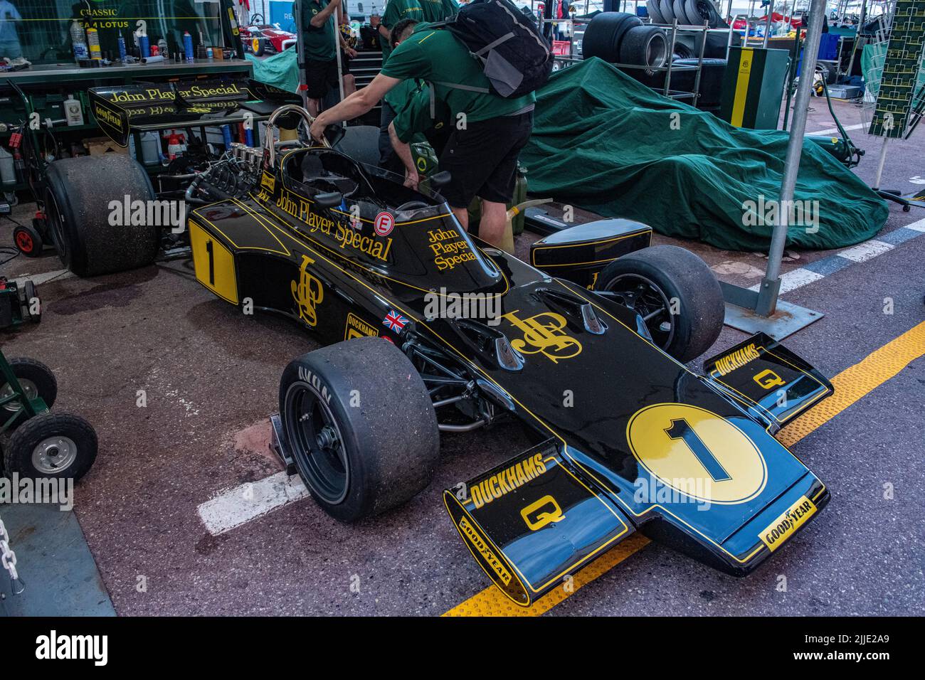 The famous black and gold JPS Lotus Formula 1 cars n the pits of the ...