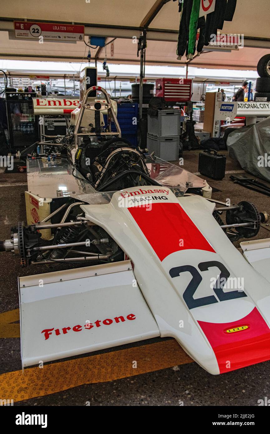 Embassy Hill car driven by Graham Hill in the pits of the historic ...