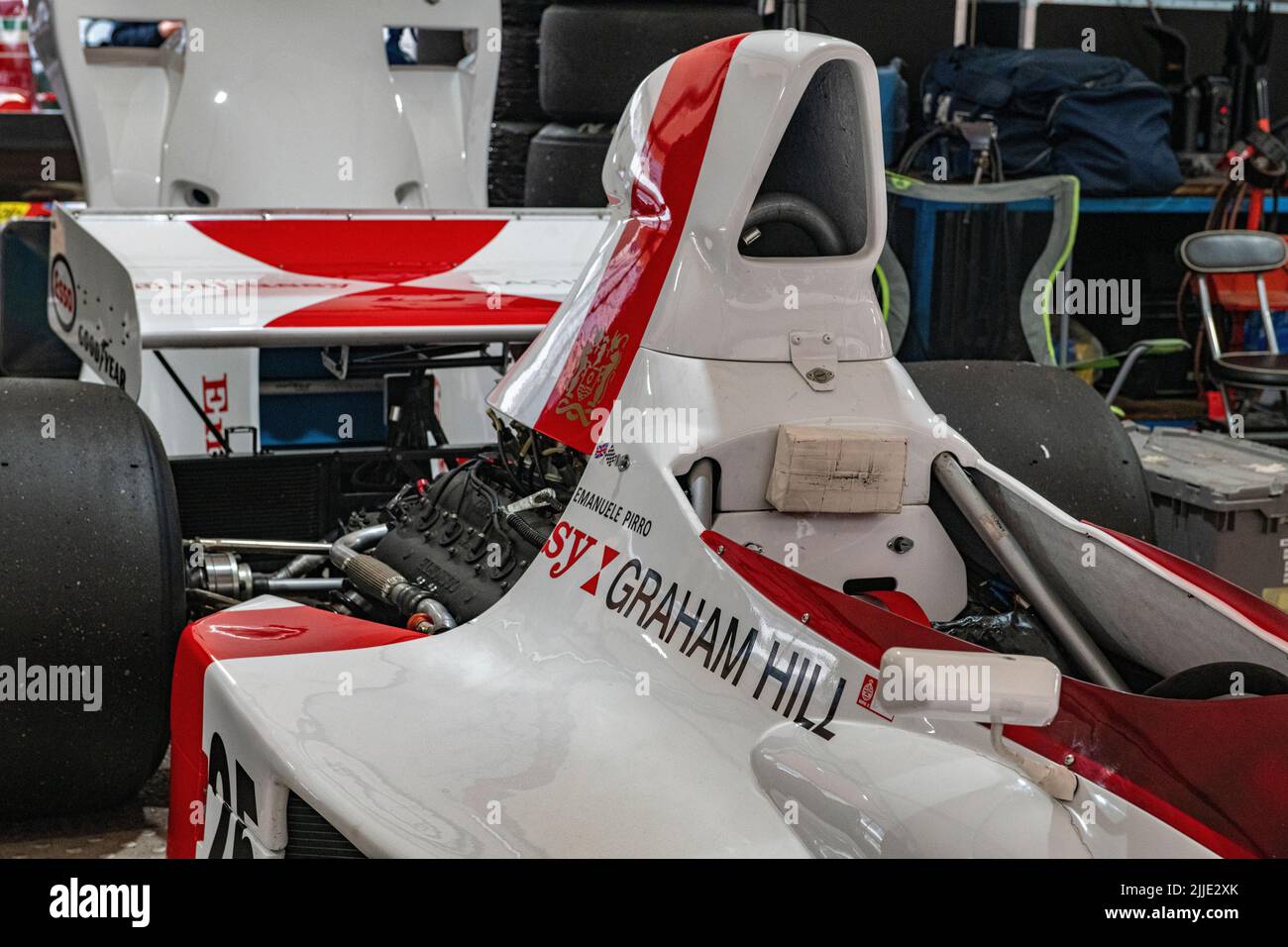 Embassy Hill car driven by Graham Hill in the pits of the historic ...