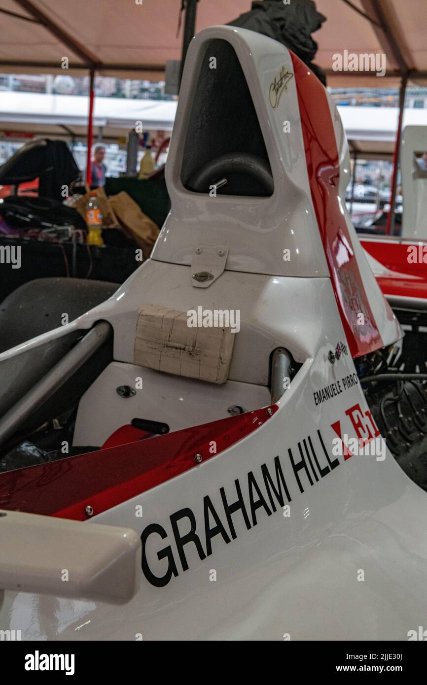 Embassy Hill car driven by Graham Hill in the pits of the historic ...