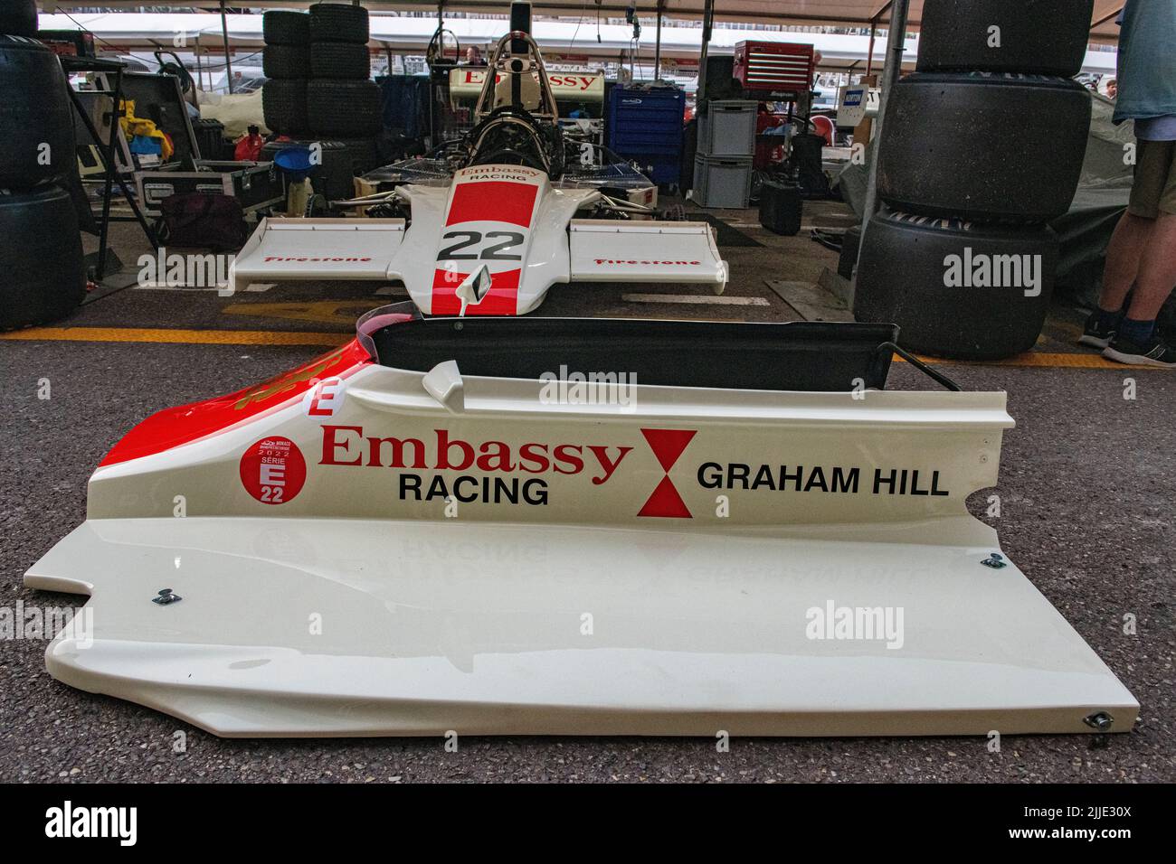 Embassy Hill car driven by Graham Hill in the pits of the historic ...