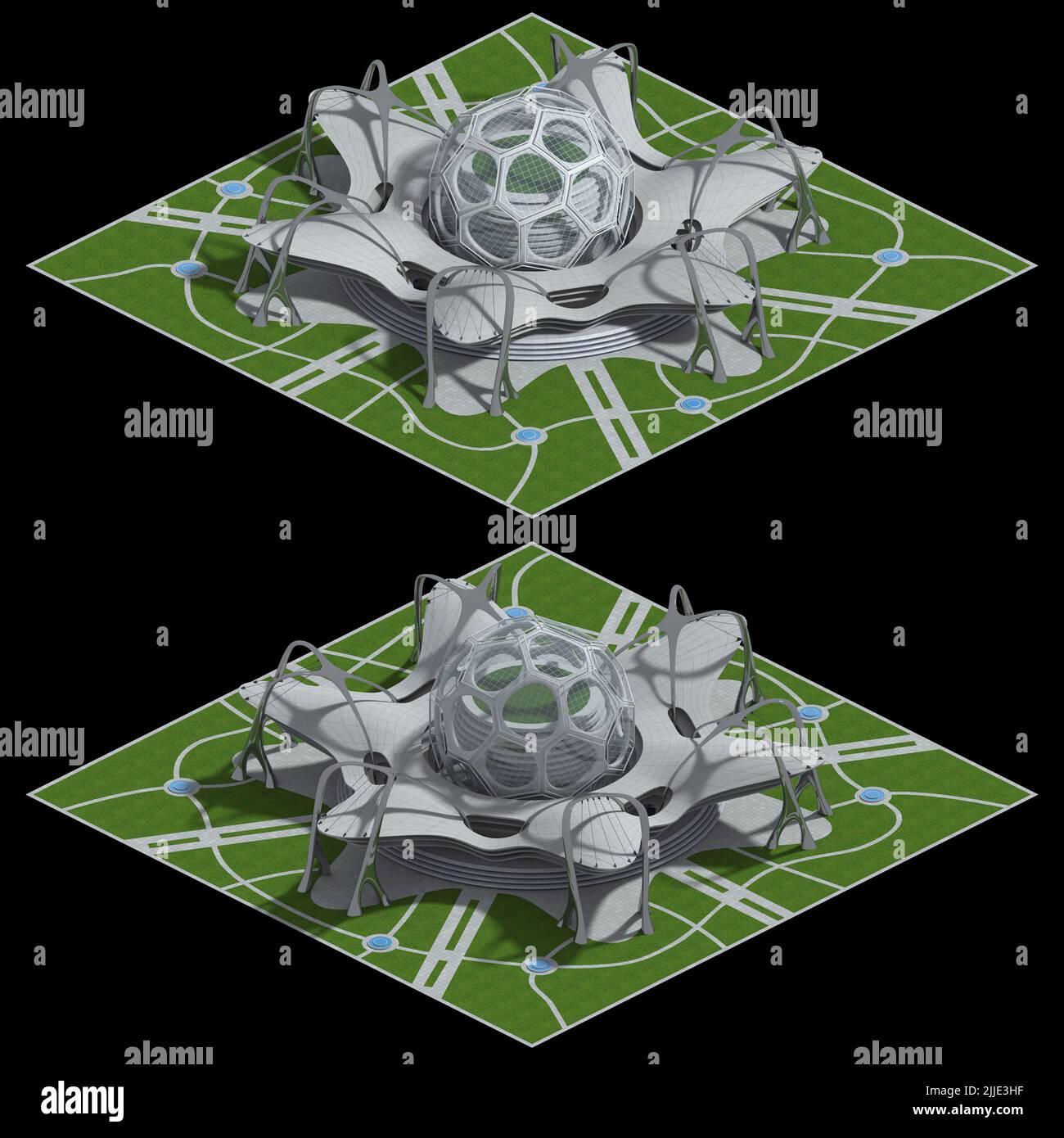 Futuristic architecture for a square tiled game rendered in dimetric ...