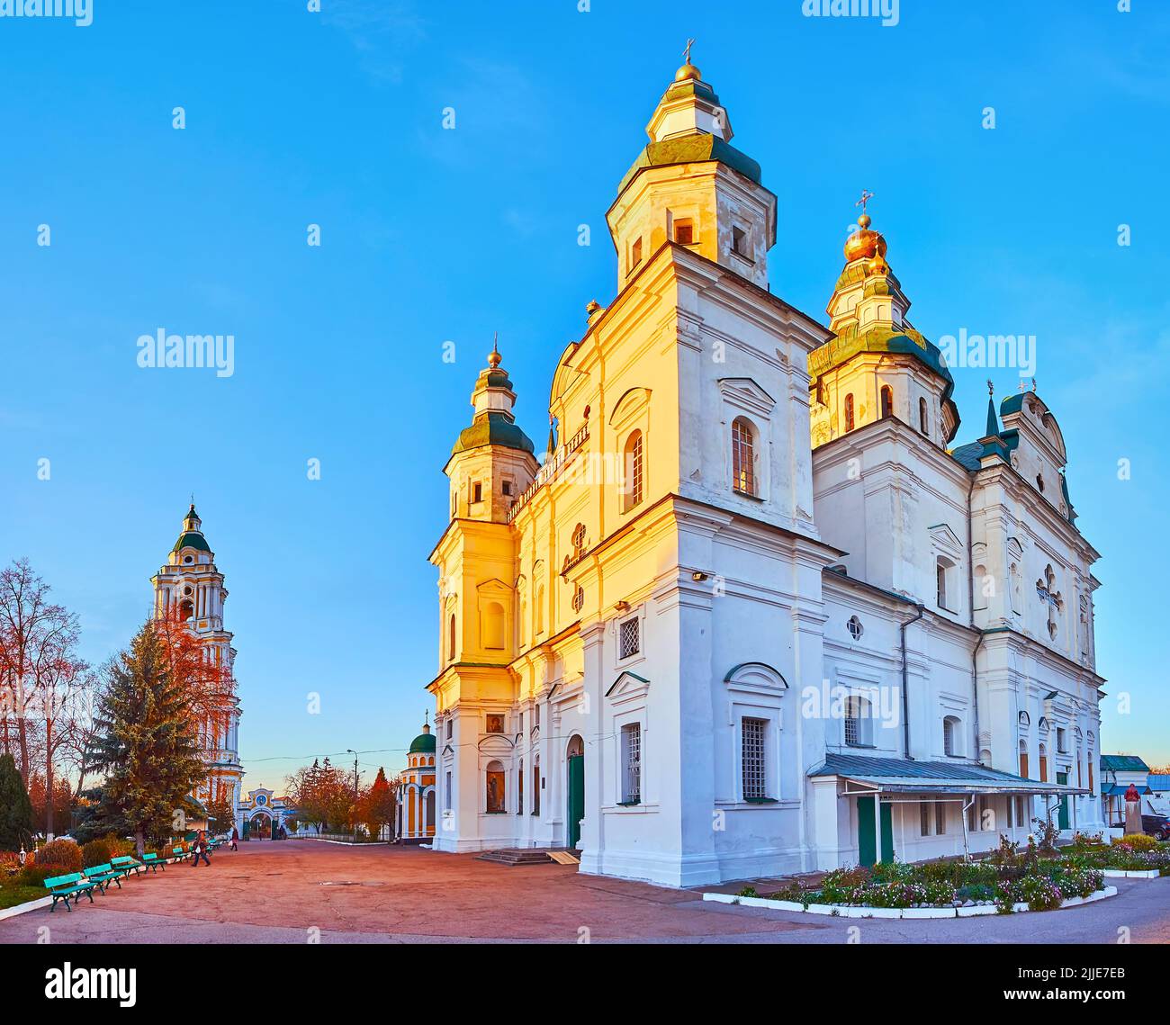 Panorama with Gate Bell Tower, park and historic Holy Trinity Cathedral ...