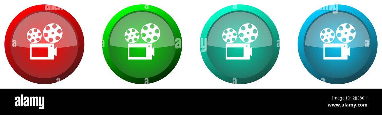 Video, cinema round glossy web icon set, colorful buttons isolated on ...