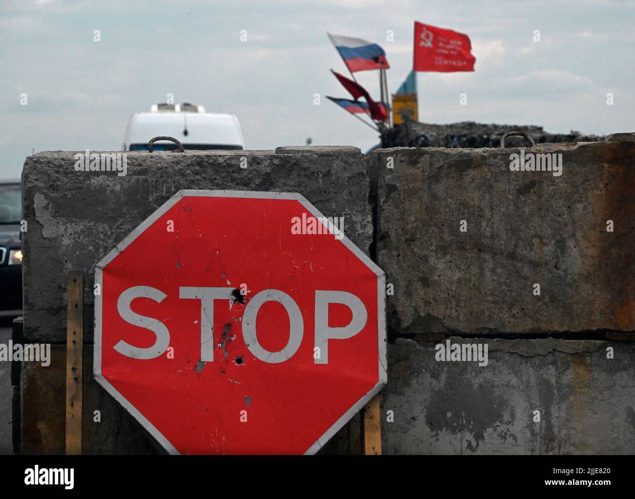 Genre photography. Flags of Russia, DPR and the Banner of Victory at ...