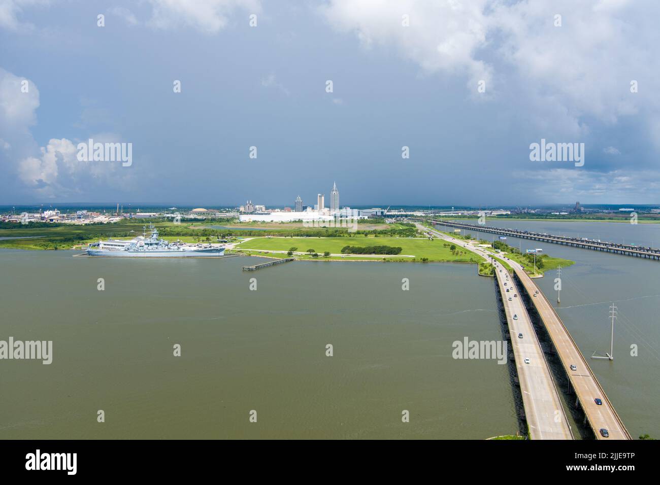 The downtown Mobile, Alabama skyline from above Mobile Bay Stock Photo ...