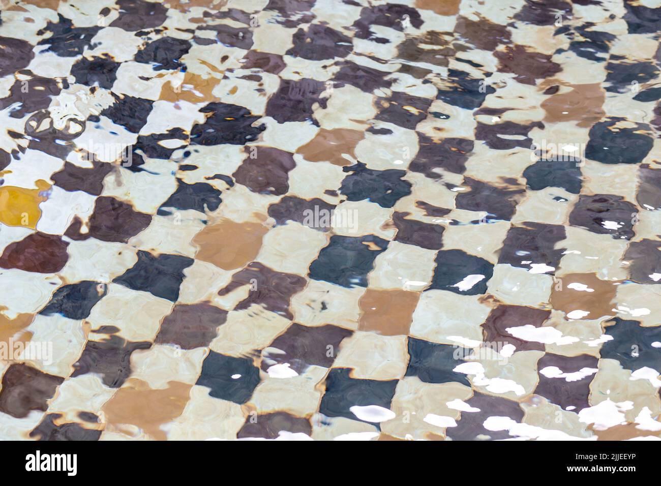 Blurring water covering a squared tile floor on an abstract texture ...
