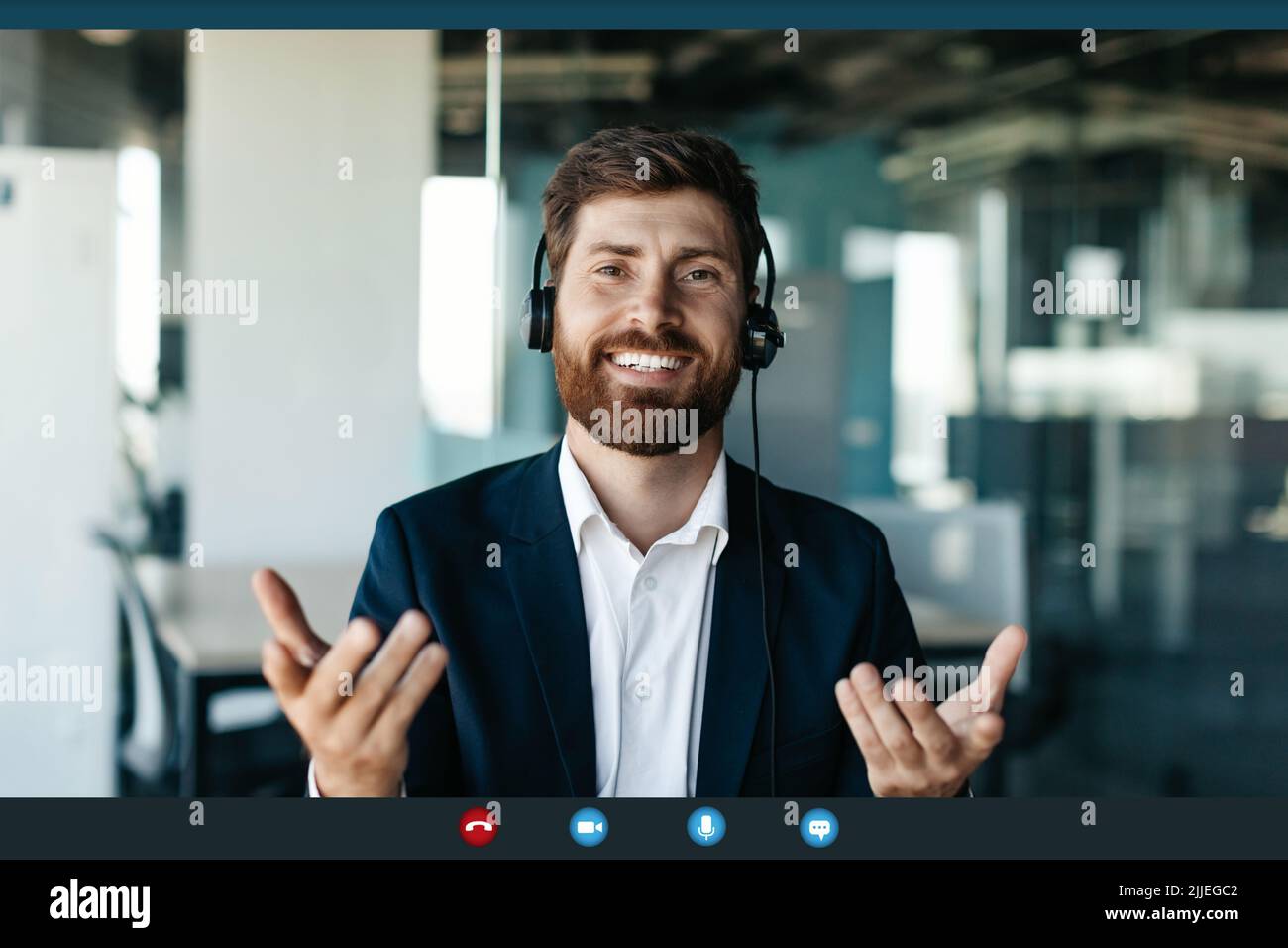 Screen view of confident businessman making video call, having virtual ...