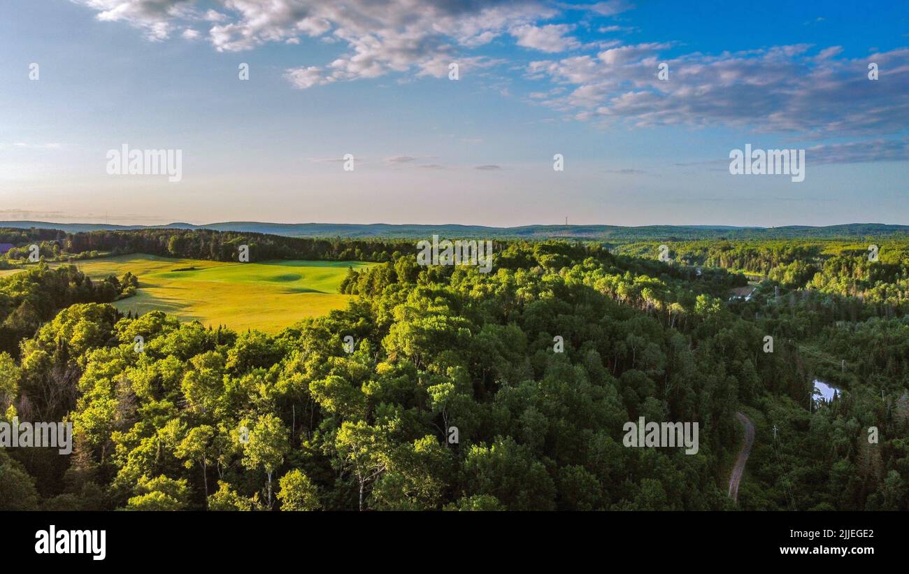 A high angle shot of a landscape with a cultivated land surrounded by ...