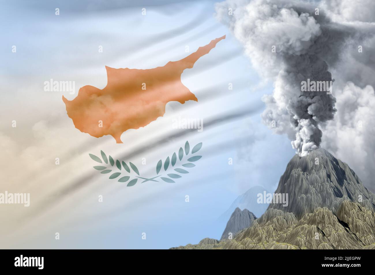 conical volcano eruption at day time with white smoke on Cyprus flag ...