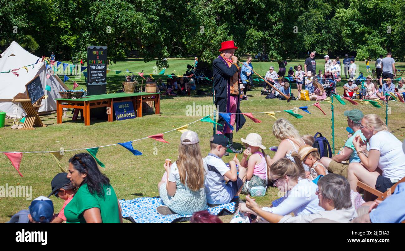 Crowd looking on as a performance artist enthrals an onlooking crowd ...