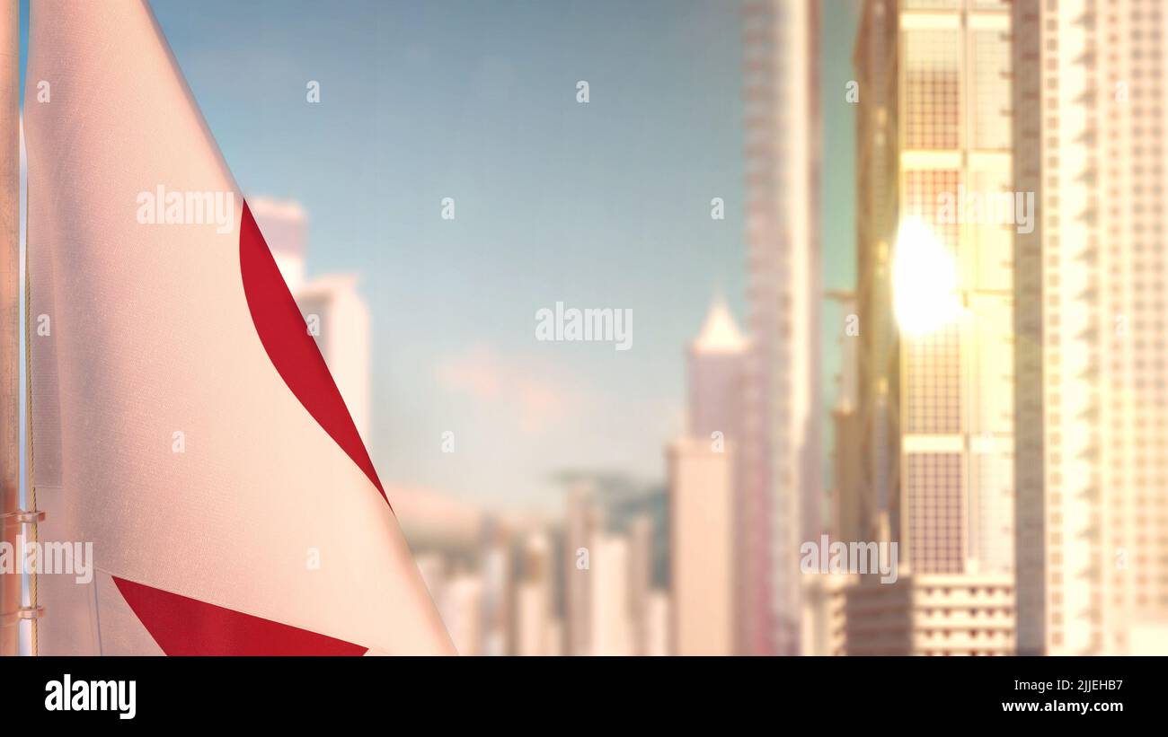 flag of Japan on city skyscrapers buildings vanilla sundown backdrop ...