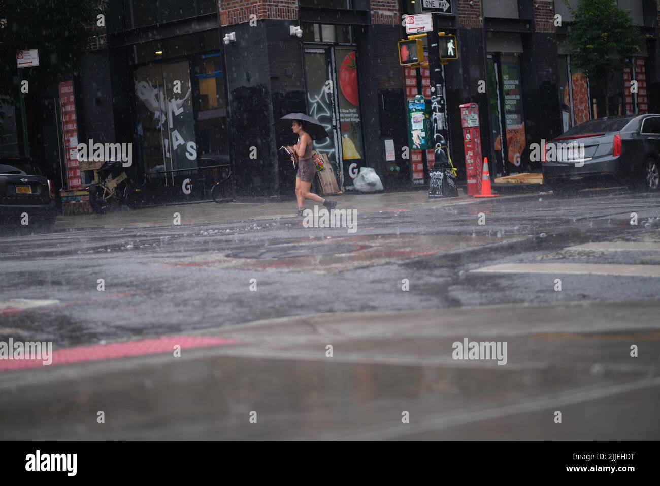 New York, New York, USA. 25th July, 2022. Woman with umbrella in heavy ... New York, New York, USA. 25th July, 2022. Woman with umbrella in heavy ...
