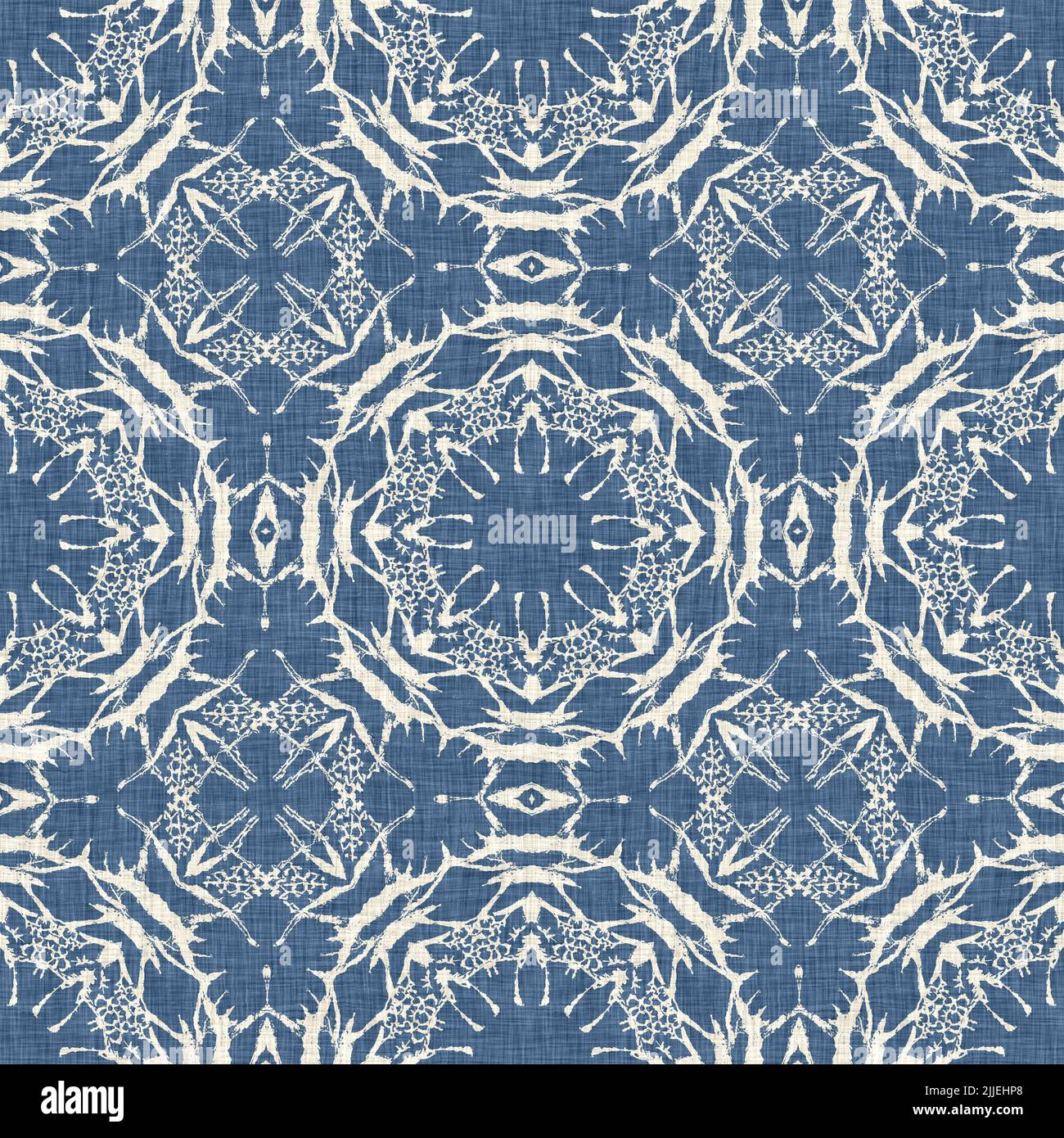 Farmhouse blue snow flake pattern background. Frosty batik damask ...