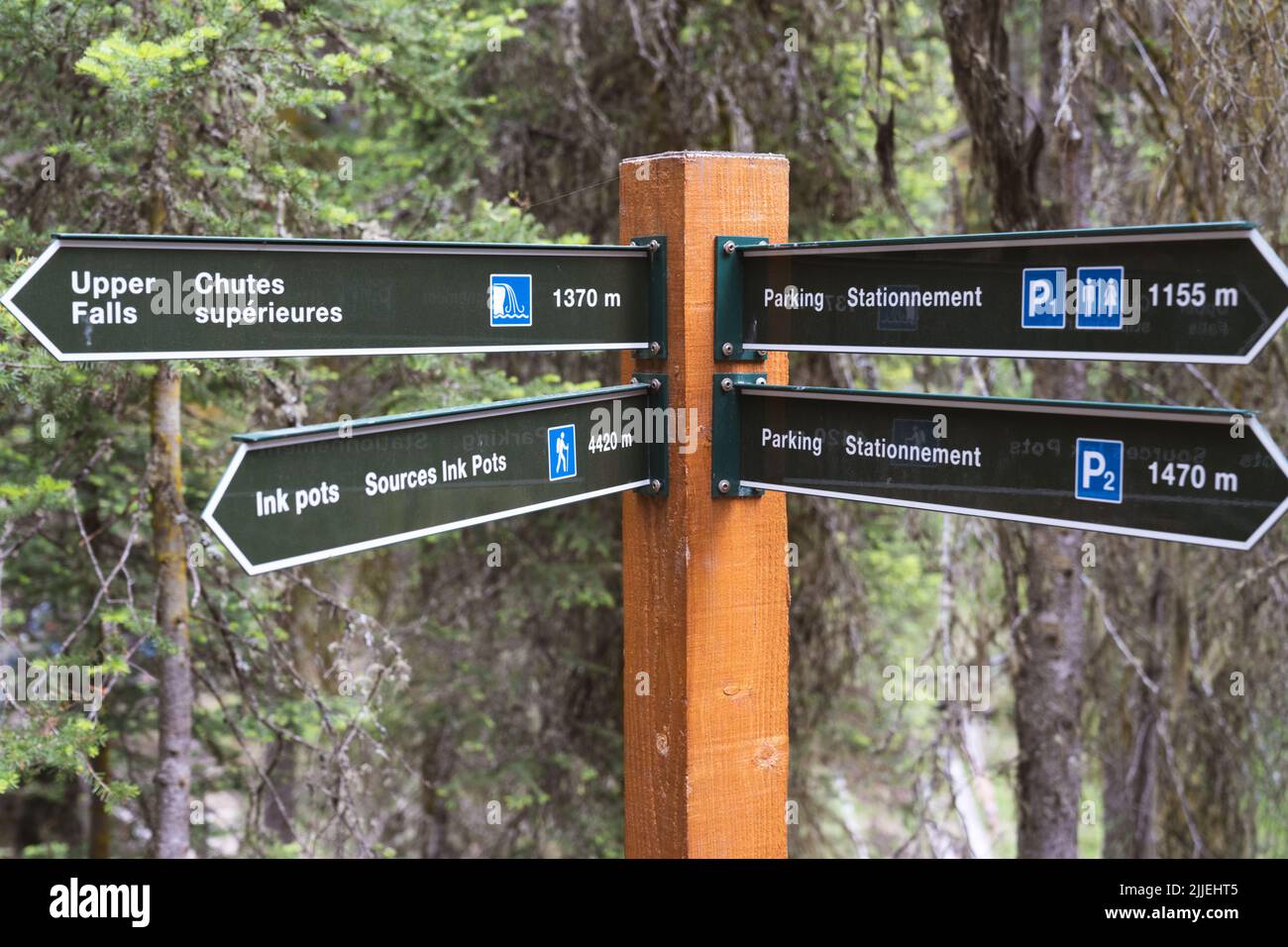 Banff, Alberta, Canada - July 10, 2022: Directional sign in Johnston ...