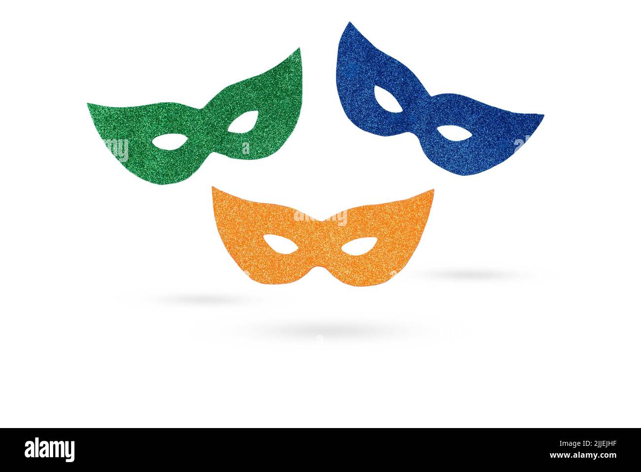 Colored party glitter eye masks floating on a white background with ...