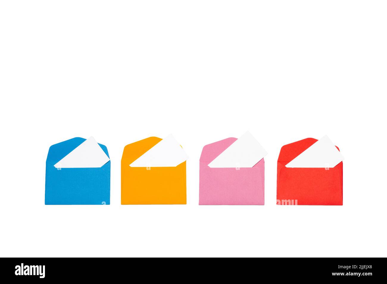 Colored envelopes with a white paper inside on a white background with ...