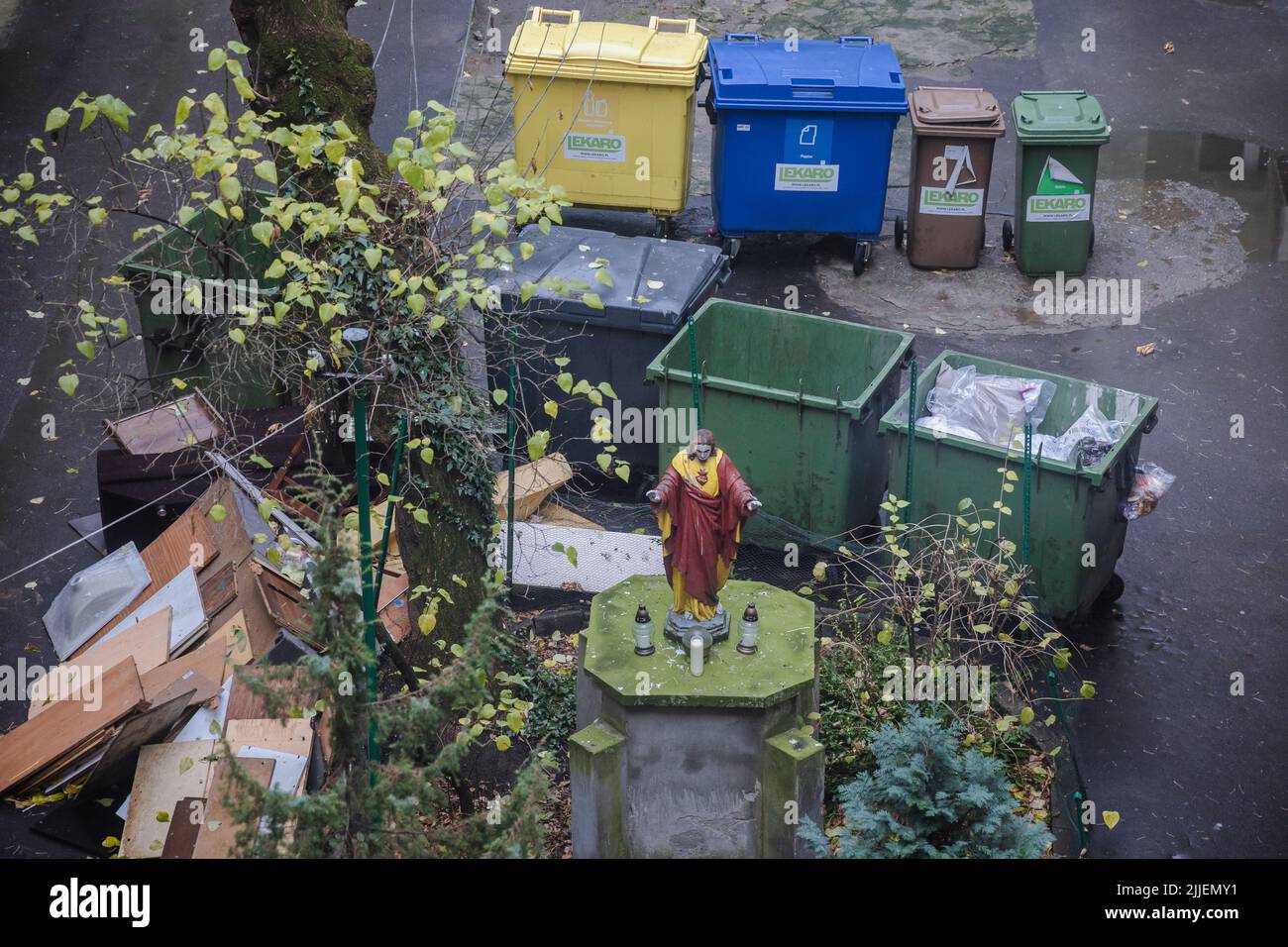 Jesus Christ statue on the inner court of old tenement house on Targowa ...
