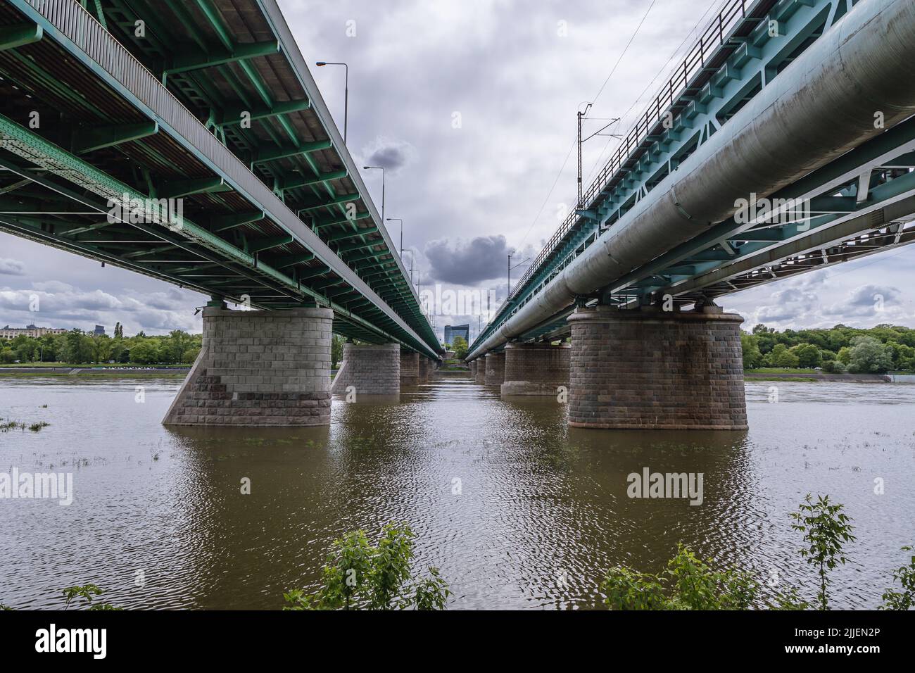 Gdanski Bridge and Citadel Rail Bridge over Vistula River in Warsaw ...