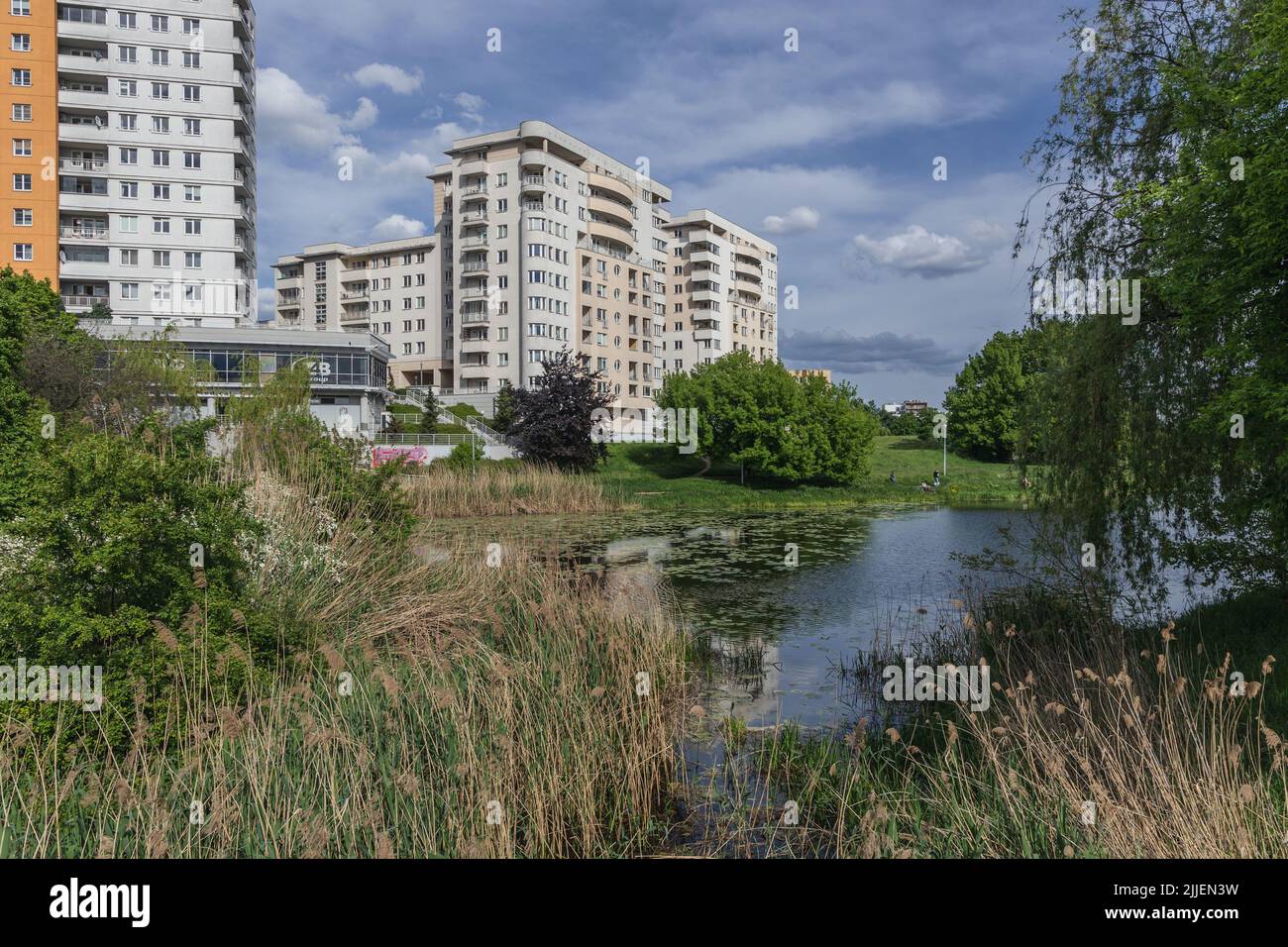 Residential buildings over Goclaw Lake in Goclaw area, Praga Poludnie ...