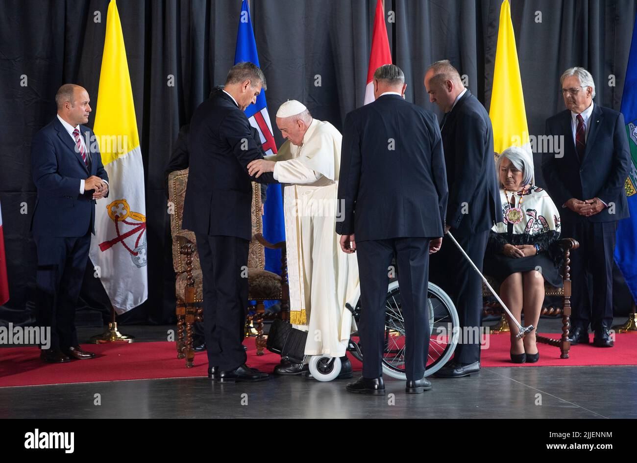 Edmonton, Canada, July 24, 2022. Pope Francis is assisted by aides ...