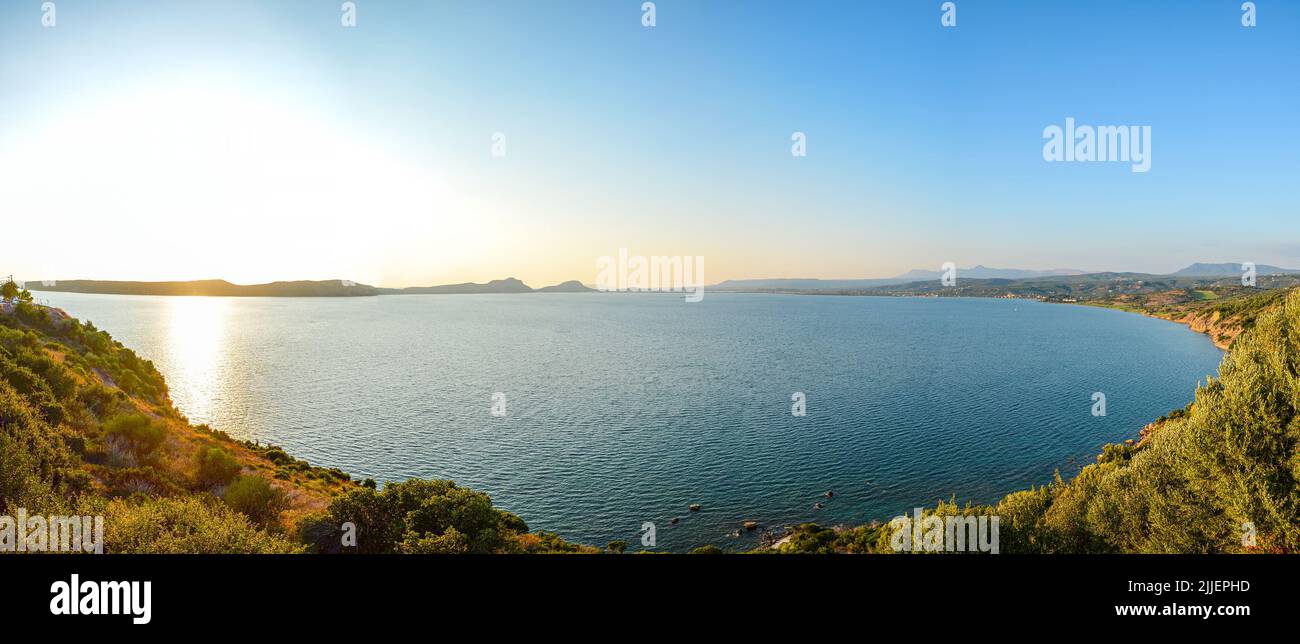 Breathtaking aerial sunset view of the famous Navarino bay and the rock ...