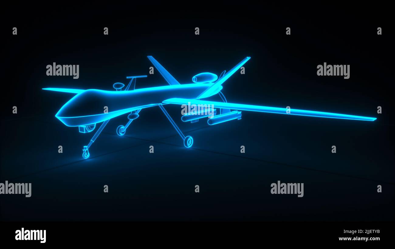 a military drone wireframe glowing blue (3d rendering Stock Photo - Alamy