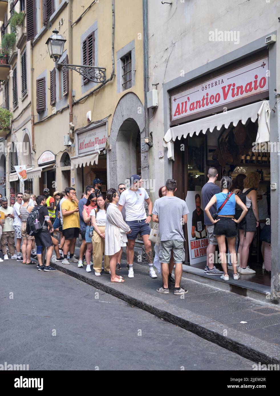 Customers queing outside All Antico Vinaio Sandwich Shop inVia dei Neri ...