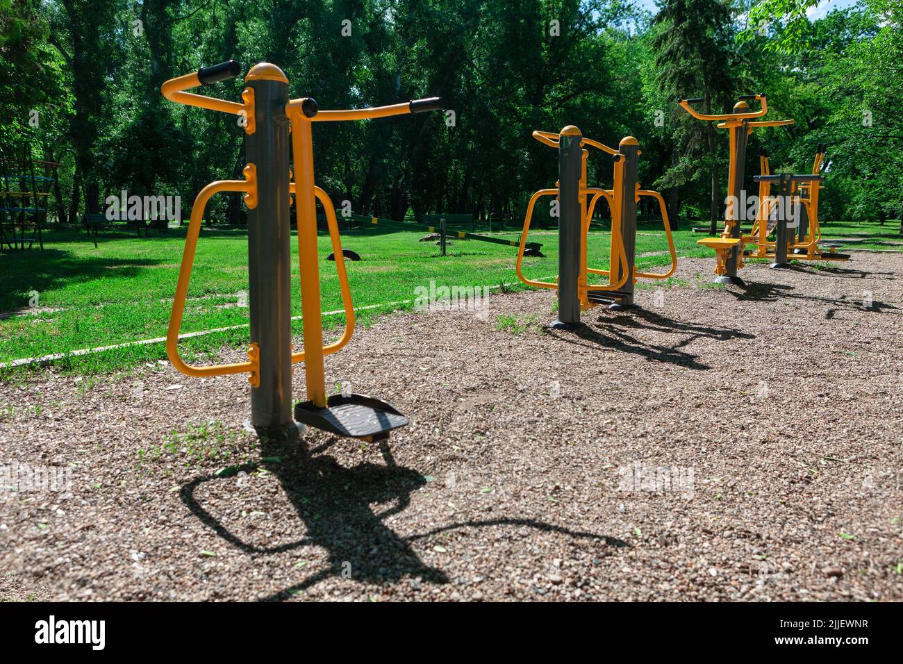 Fitness equipment in the park . Healthy lifestyle concept . Playground ...