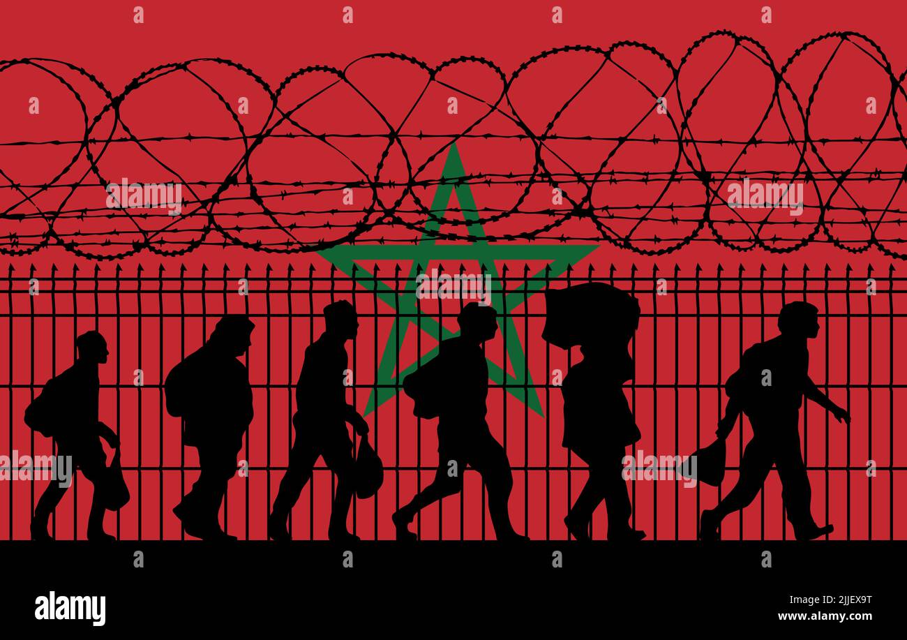 Flag of Morocco - Refugees near barbed wire fence. Migrants migrates to ...
