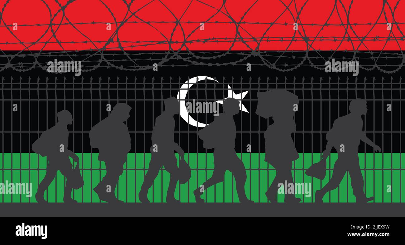 Flag of Libya - Refugees near barbed wire fence. Migrants migrates to ...