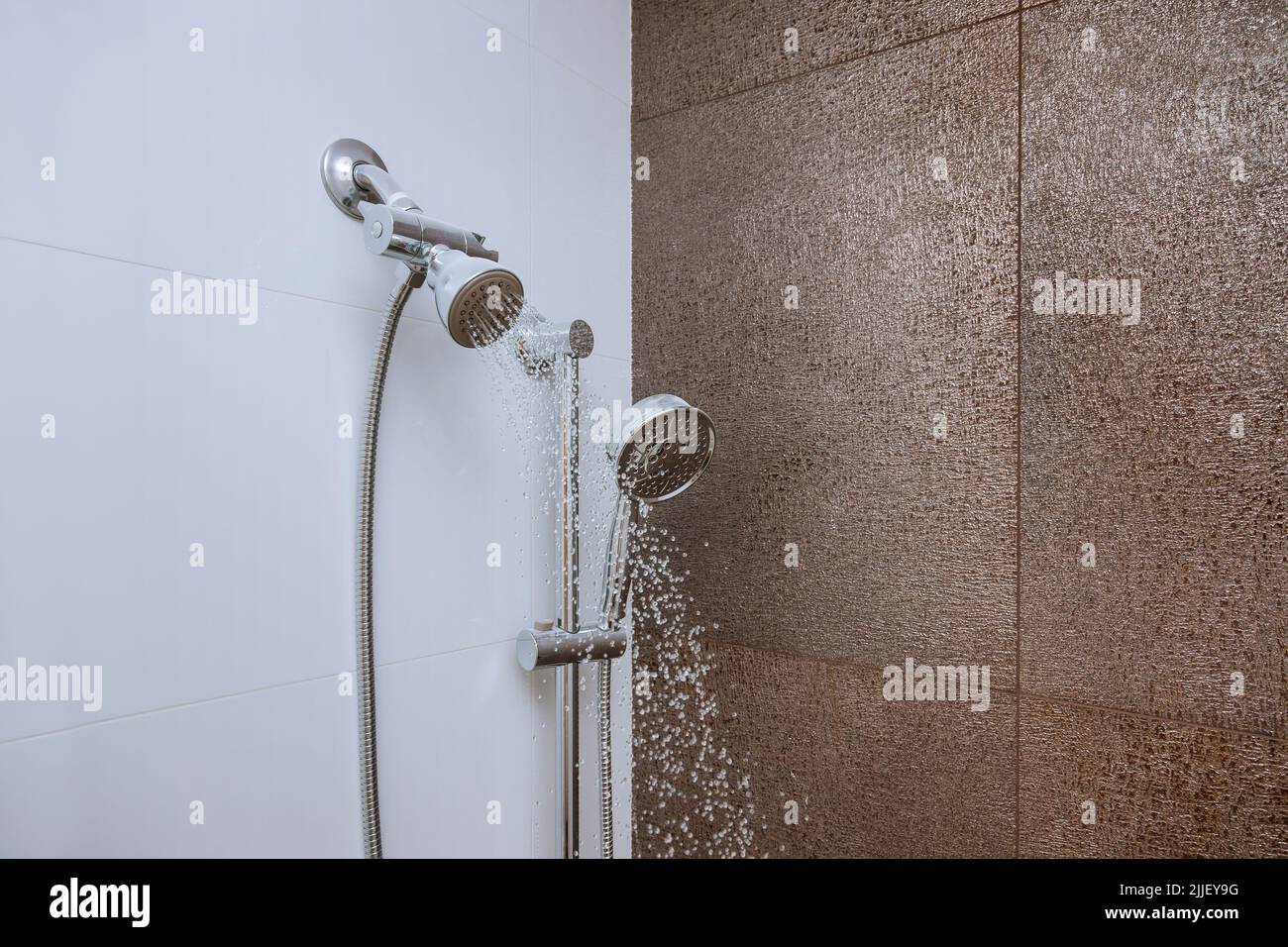 A close-up of the seamless stainless steel shower head hanging from the ...