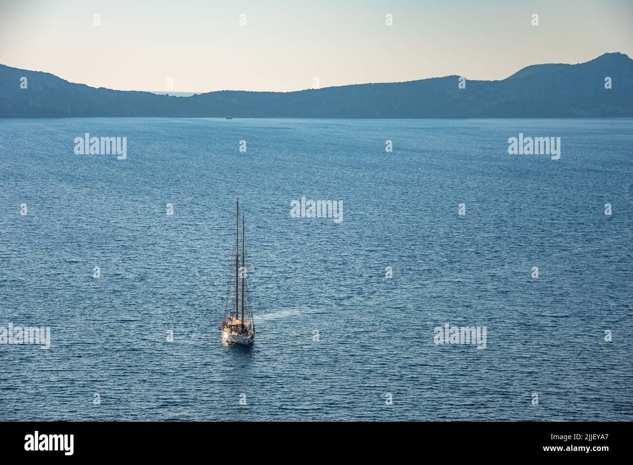 Breathtaking aerial sunset view of the famous Navarino bay and the rock ...