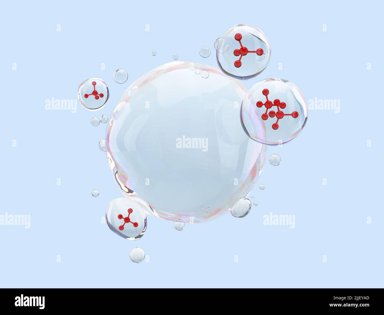 3D illustration of red molecule inside liquid bubbles with clipping ...