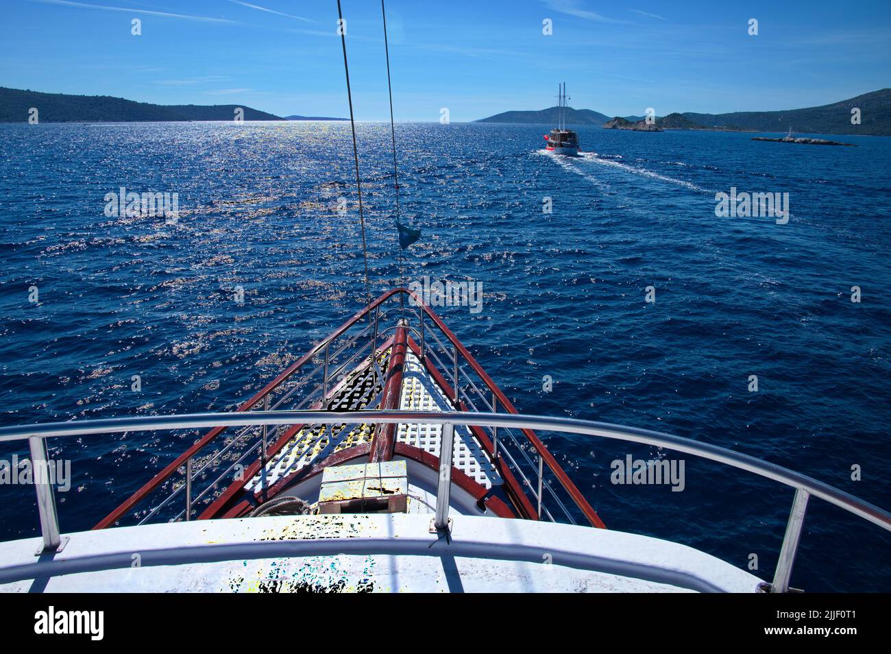 Railing on cruise sailing boat among the islands of Adriatic sea Stock ...