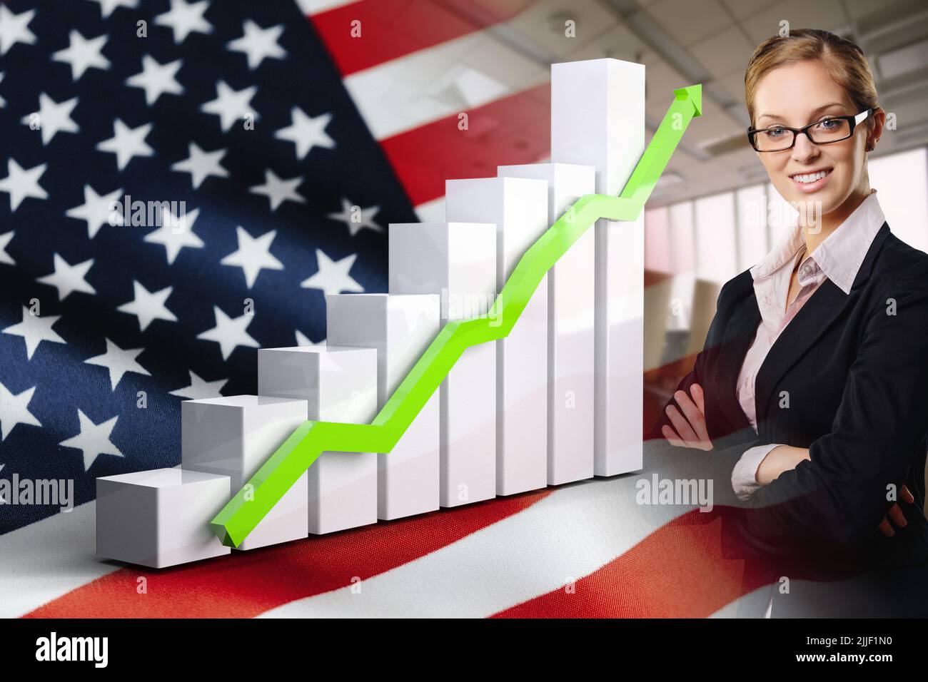 Economy graph: rising arrow, USA flag and executive woman Stock Photo ...