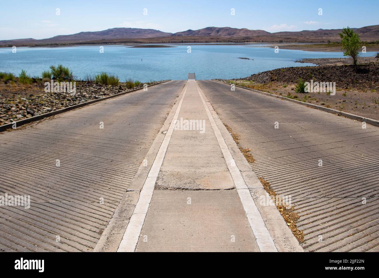 A boat ramp shows how low the water line is. Lahontan Reservoirs water ...