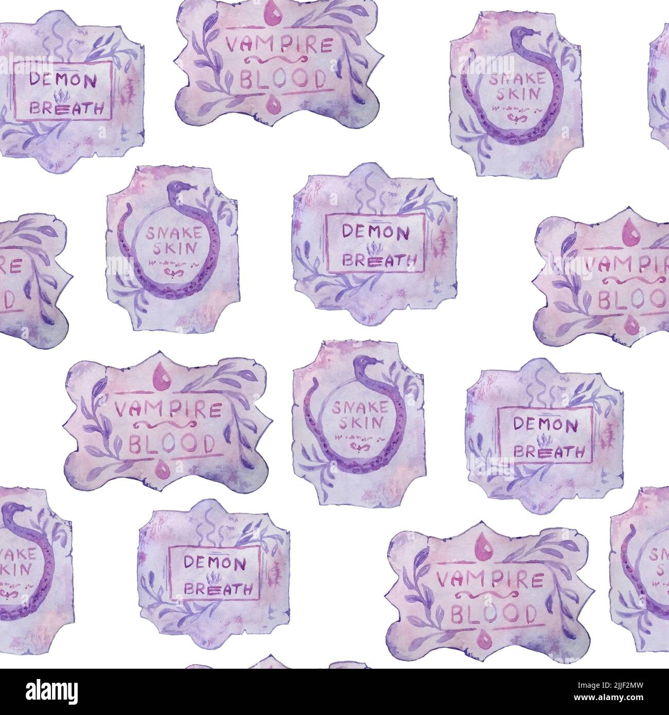 Watercolor hand drawn seamless pattern with apothecary potion labels ...