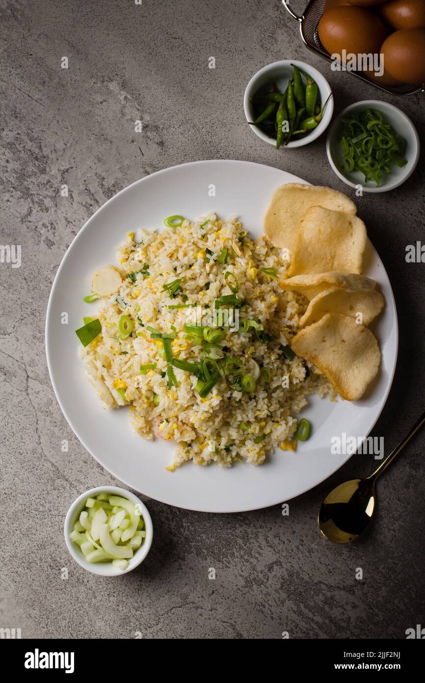 Fried rice or nasi goreng kampung, with scrambled egg, spring onion and ...