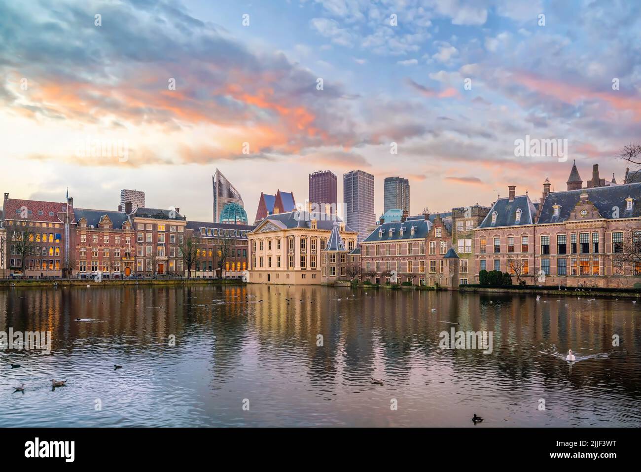 Binnenhof castle (Dutch Parliament) cityscape downtown skyline of Hague ...
