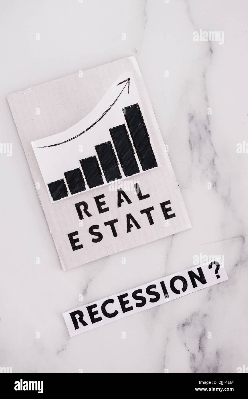 recession text with question mark next to real estate stats going up ...