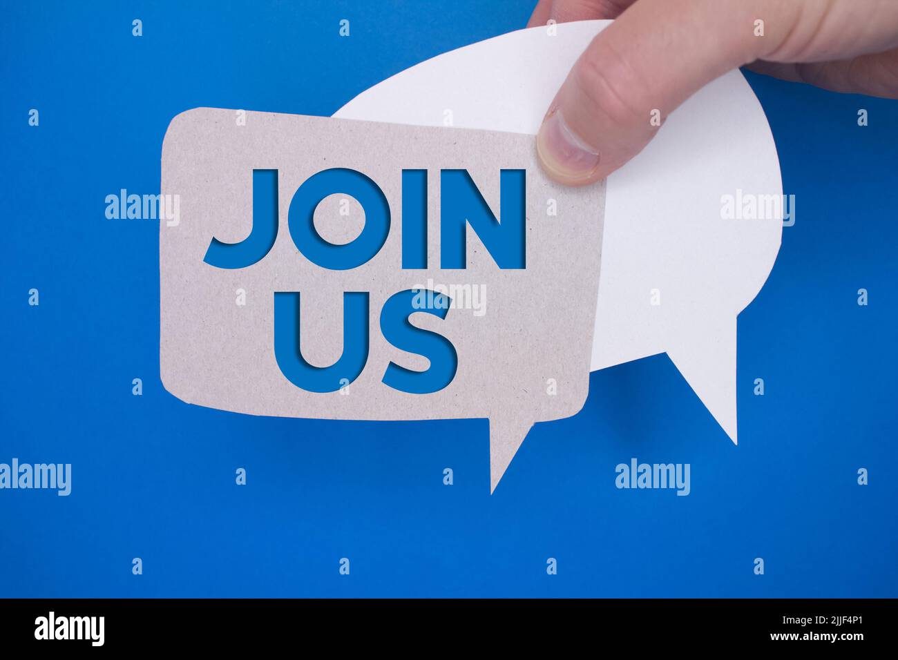 Speech bubble in front of colored background with Join Us text Stock ...